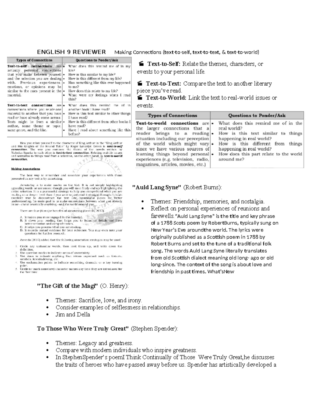 English 9 Reviewer - ENGLISH 9 REVIEWER Making Connections (text-to ...