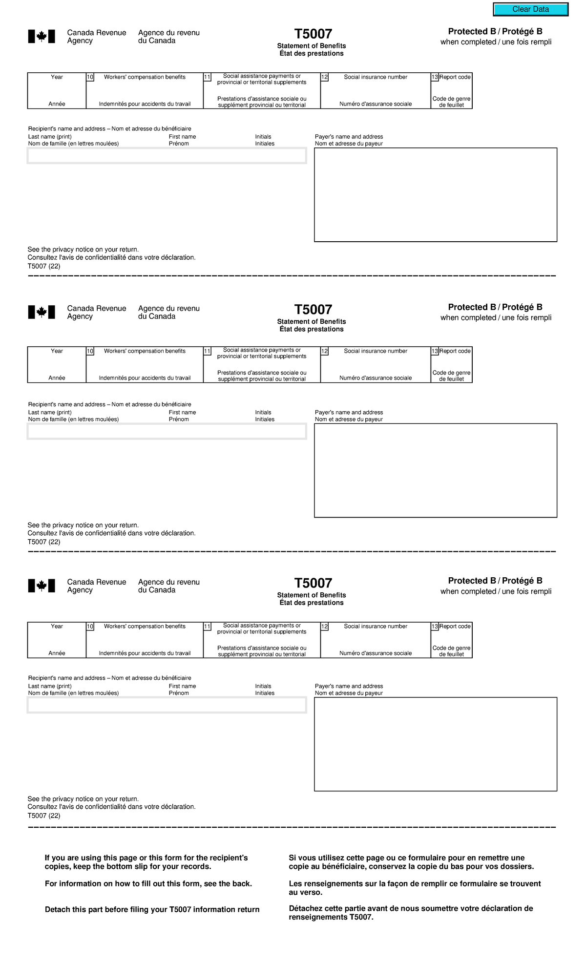 T5007 - tax slip - Protected B when completed / / Protégé B une fois ...