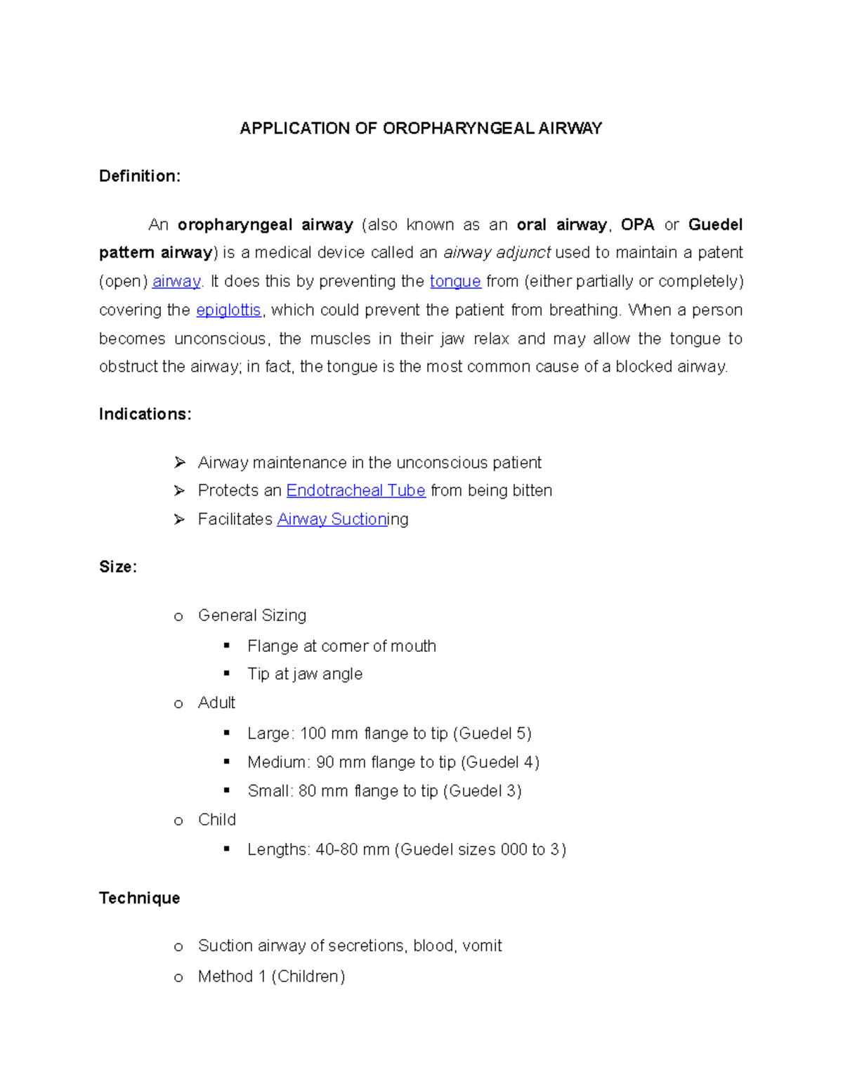 OPA - OPA.docx - APPLICATION OF OROPHARYNGEAL AIRWAY Definition: An ...