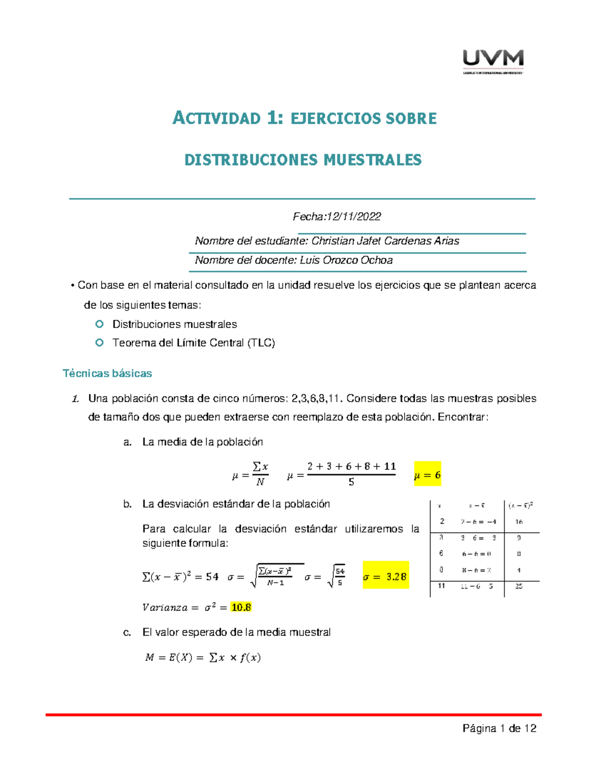 ACTIVIDAD 1: EJERCICIOS SOBRE DISTRIBUCIONES MUESTRALES - ACTIVIDAD 1: EJERCICIOS SOBRE - Studocu