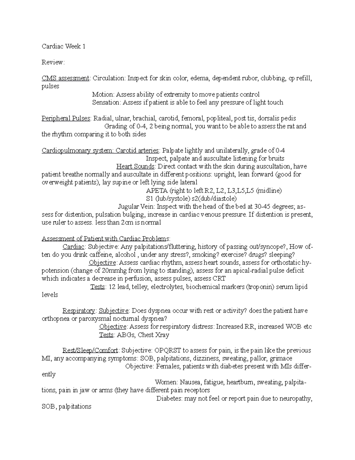 Cardiac Assessment wrd - Cardiac Week 1 Review: CMS assessment ...