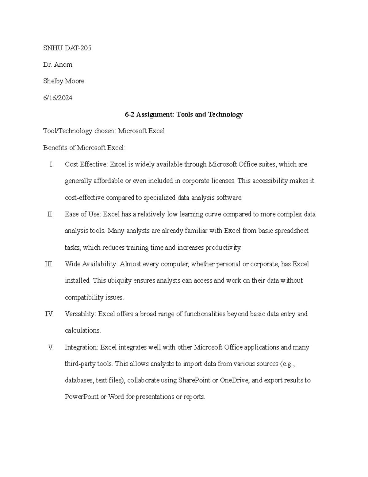 6-2 Assignment Tools and Technology - SNHU DAT- Dr. Anom Shelby Moore 6 ...