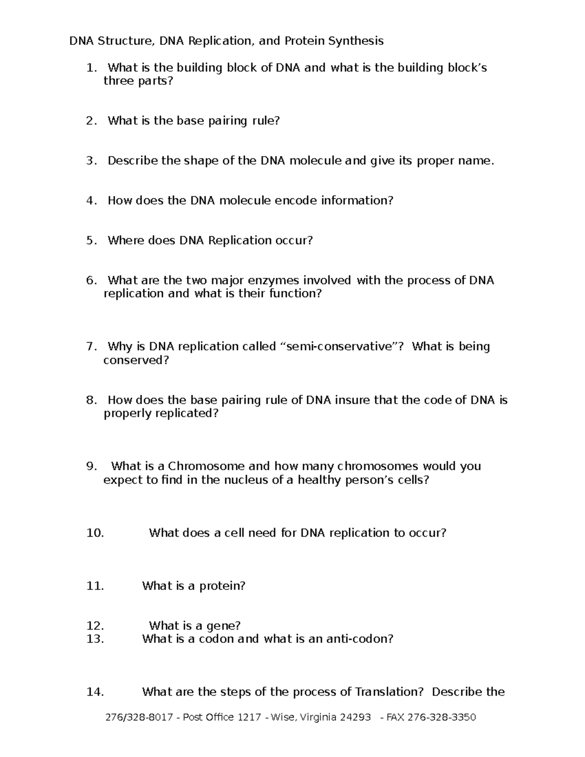 DNA structure, Replication, and Protein Synthesis Questions - DNA ...
