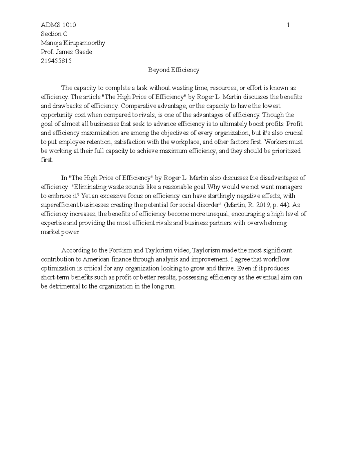 Assignment 7 Beyond Efficiency Part 1 Adms 1010 1 Section C Manoja Kirupamoorthy Prof