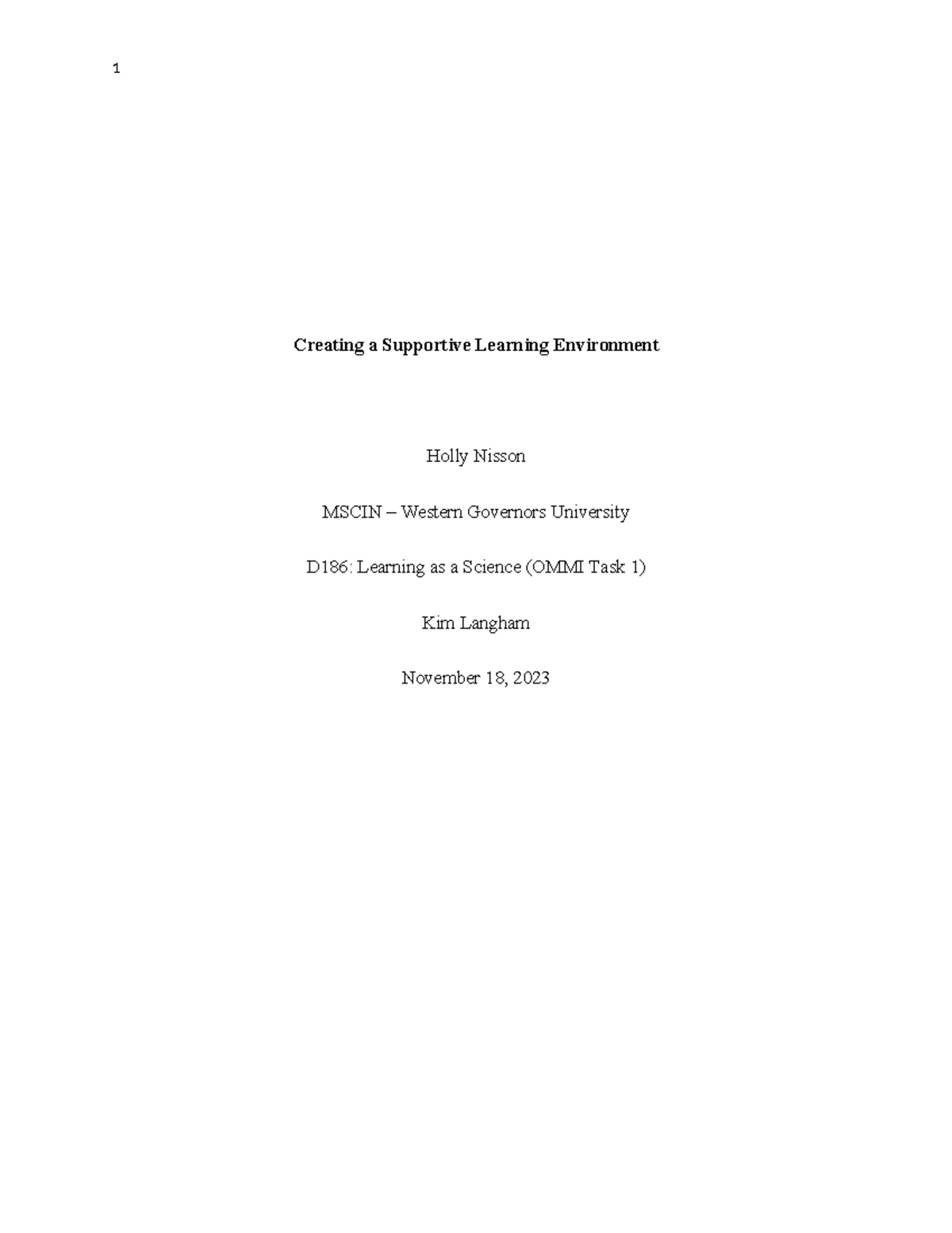 D186 Task 1 - Passed - Creating a Supportive Learning Environment Holly ...