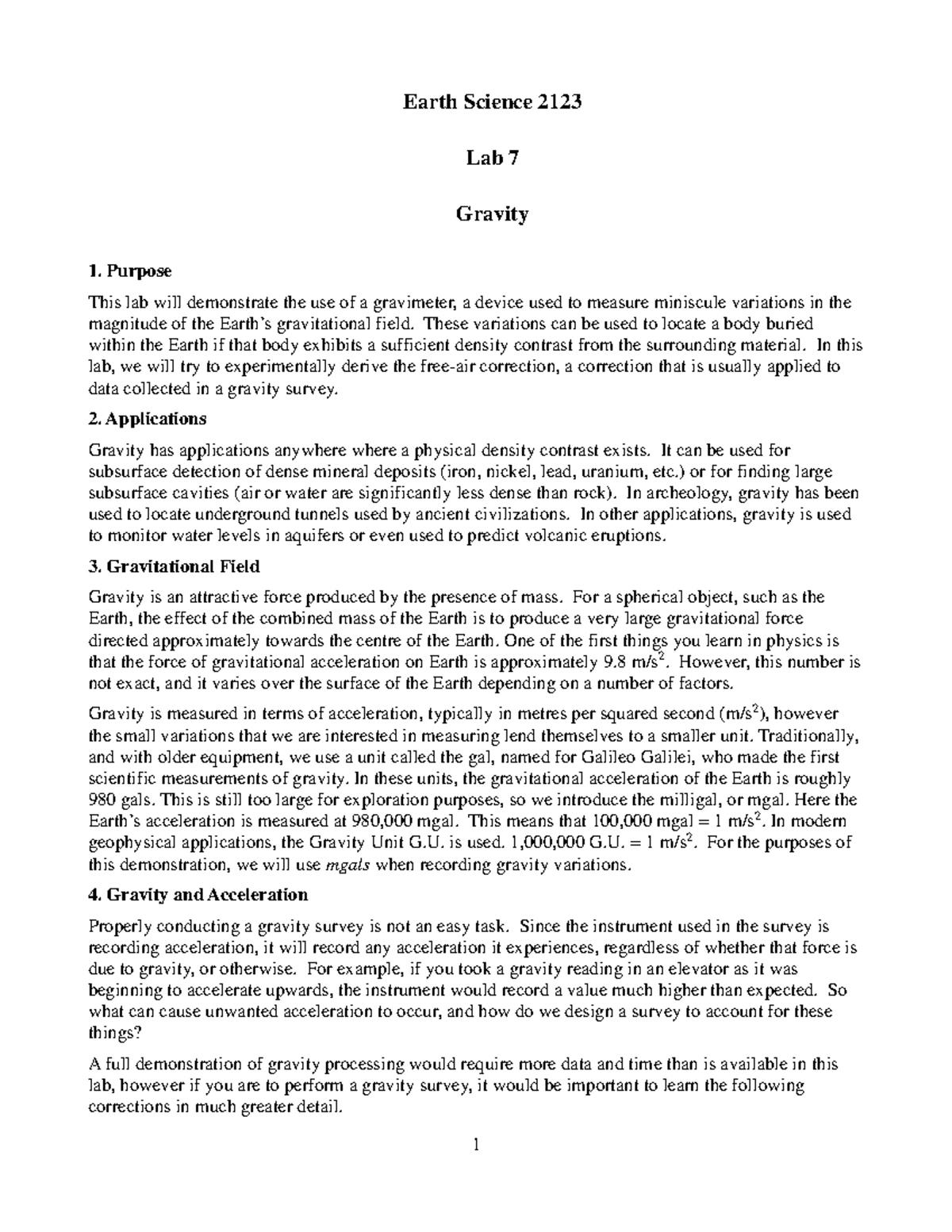 ES 2123-Lab 7 Gravity-2 - Earth Science 2123 Lab 7 Gravity Purpose This ...