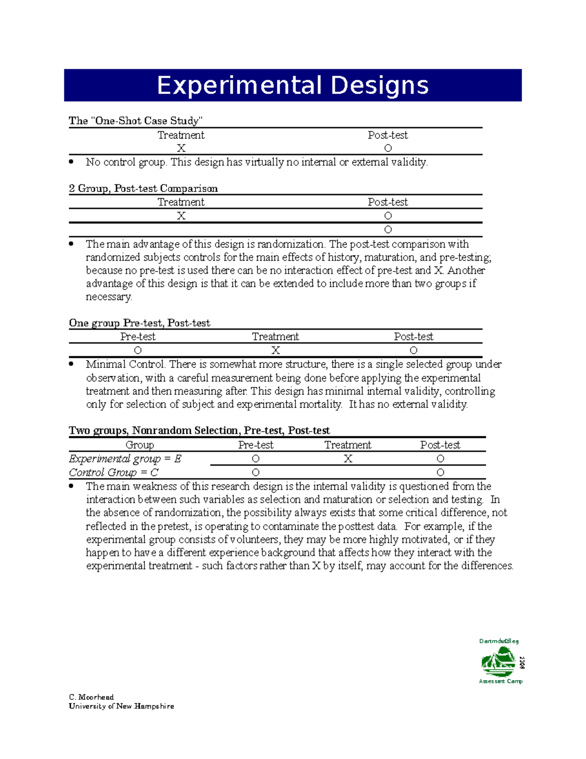 Types of Experimental Designs Handout - Dartmouth College Assessment ...