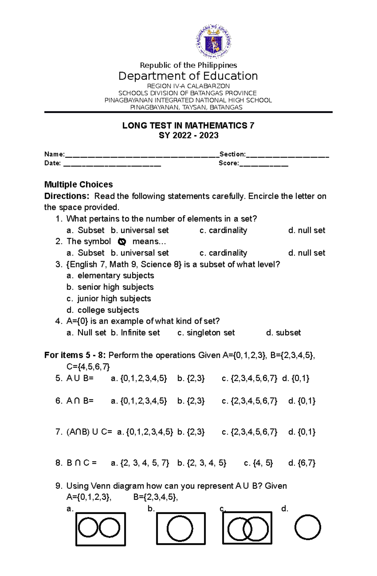 LONG TEST - MATH 7 - good for some teachers - Republic of the ...