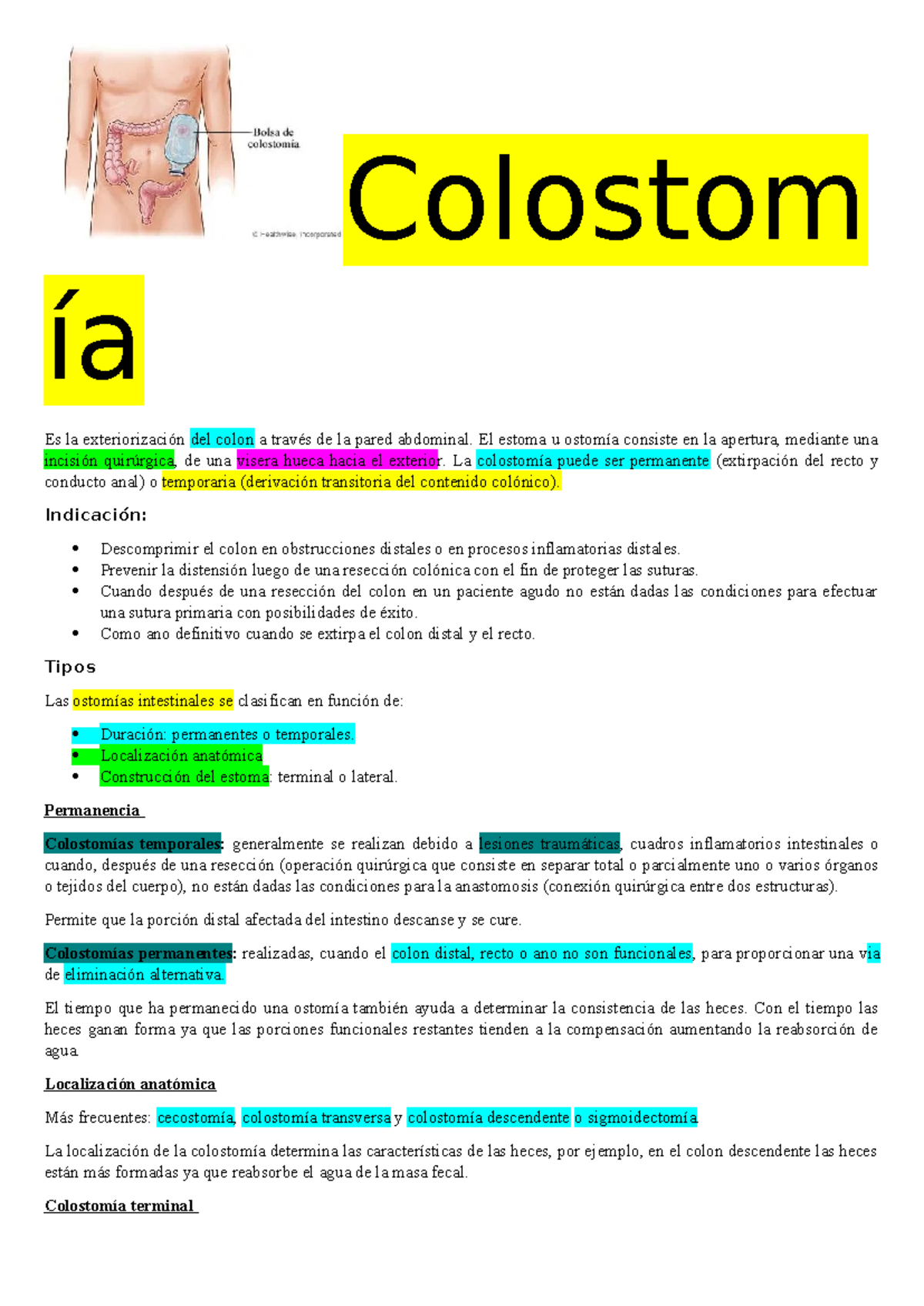 Colostomia resumen - Colostom ía Es la exteriorización del colon a ...