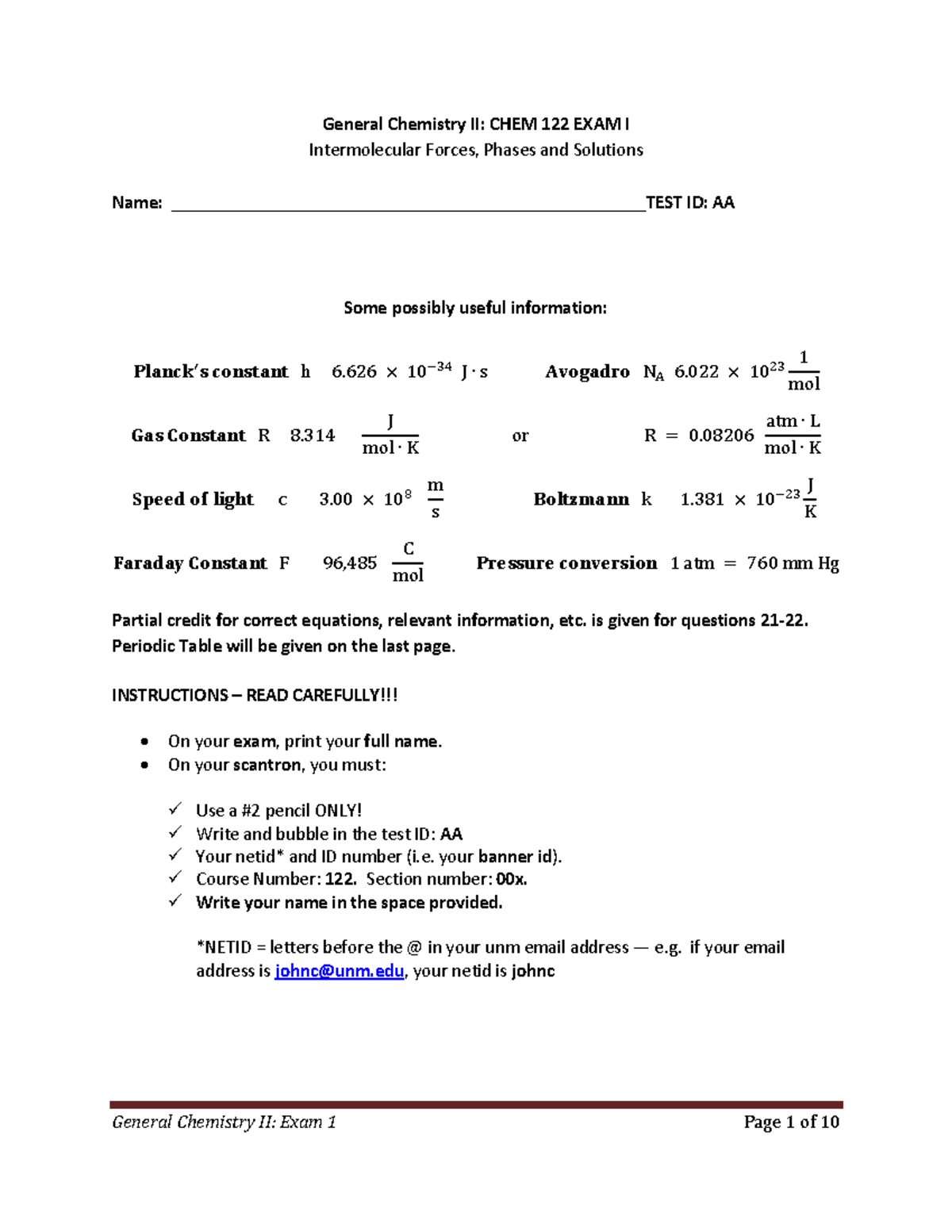 Exam1 Spring 2023 Practice Key - General Chemistry II: CHEM 122 EXAM I ...