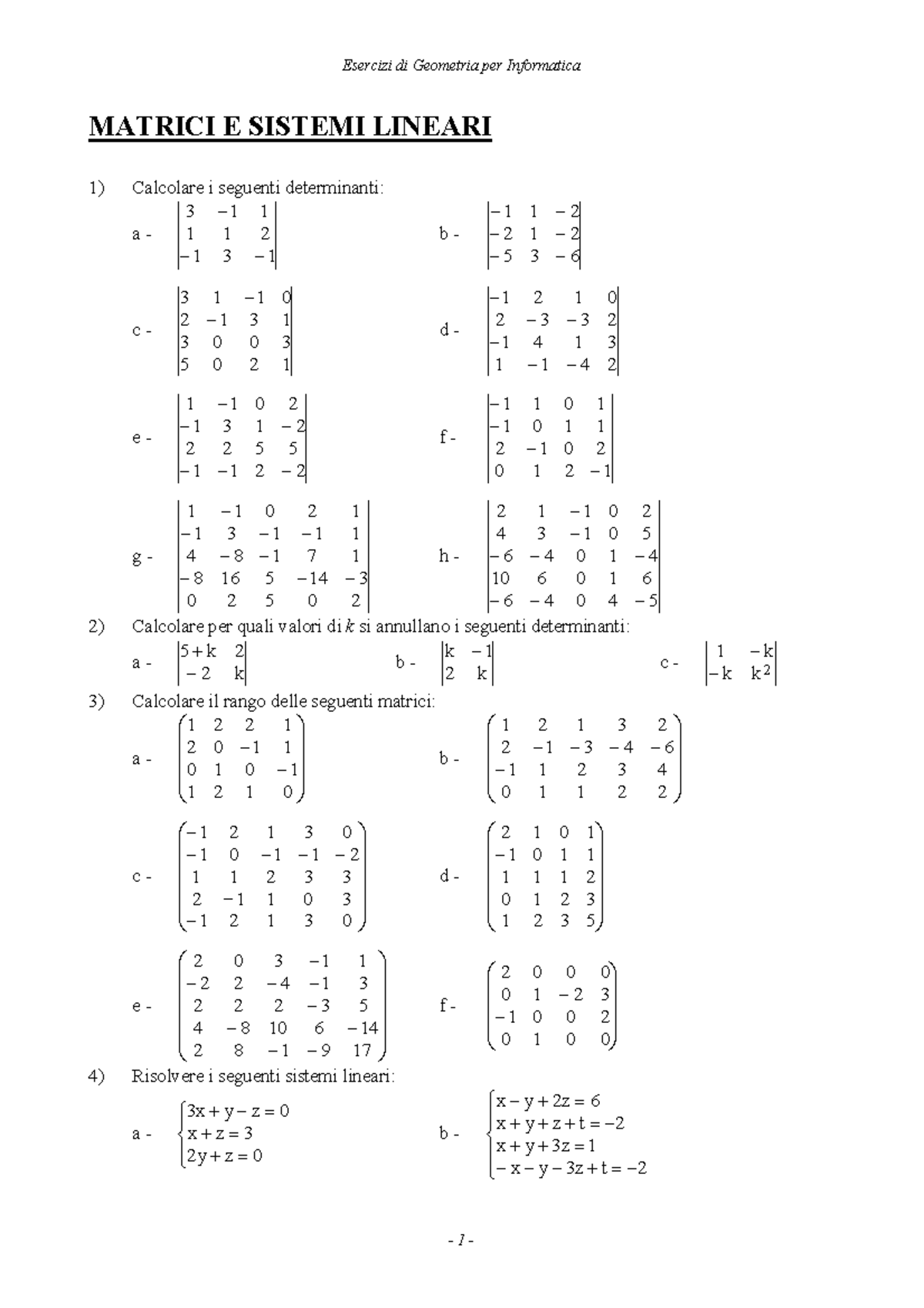 Esgeo - Esercizi mate - Esercizi di Geometria per Informatica MATRICI E ...