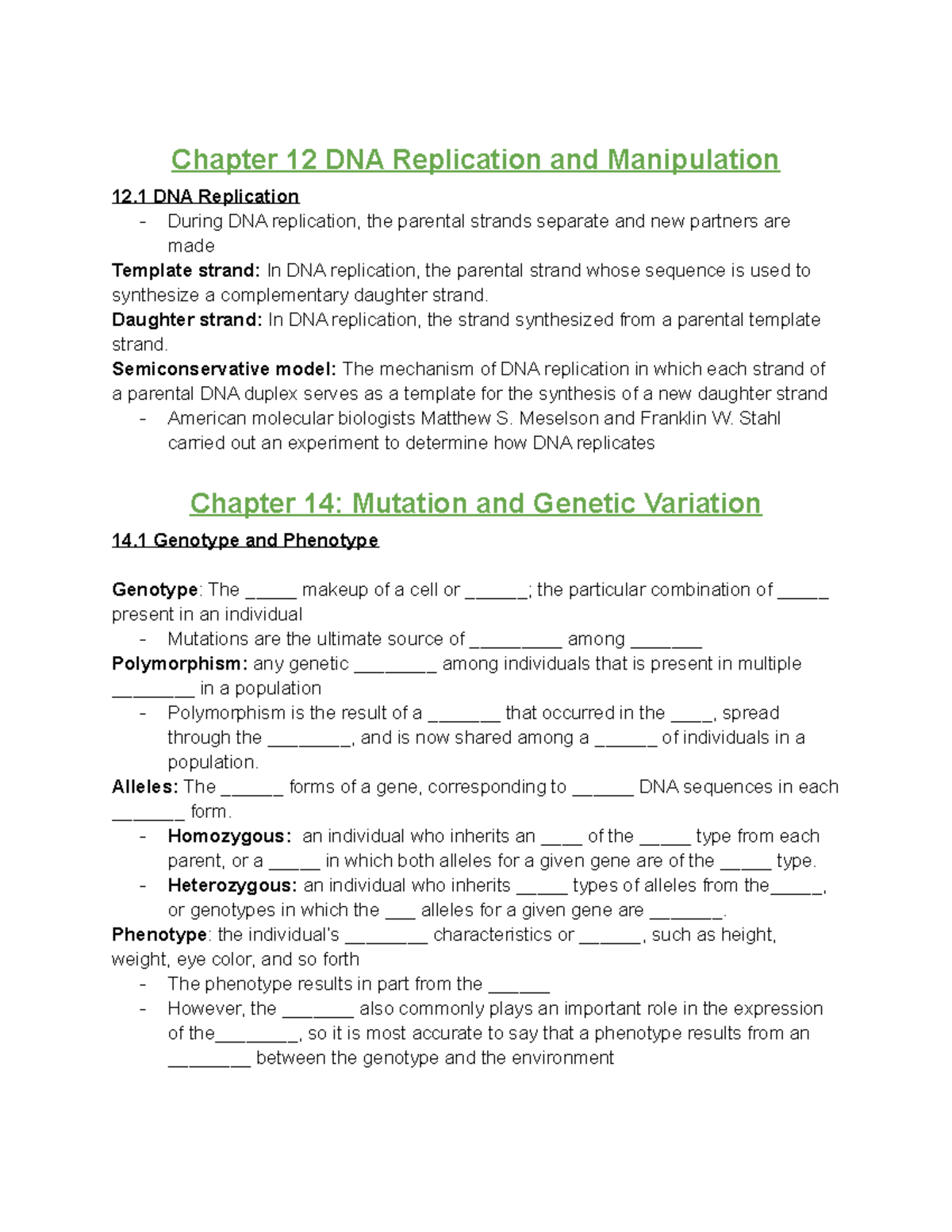 Biology Notes - Chapter 12 DNA Replication and Manipulation 12 DNA ...