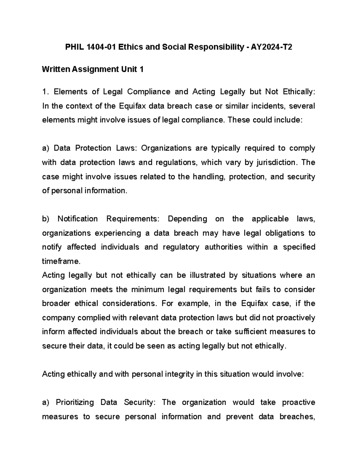 PHIL 1404 - Written Assignment Unit 1 2 - PHIL 1404-01 Ethics and Social Responsibility - AY2024 ...