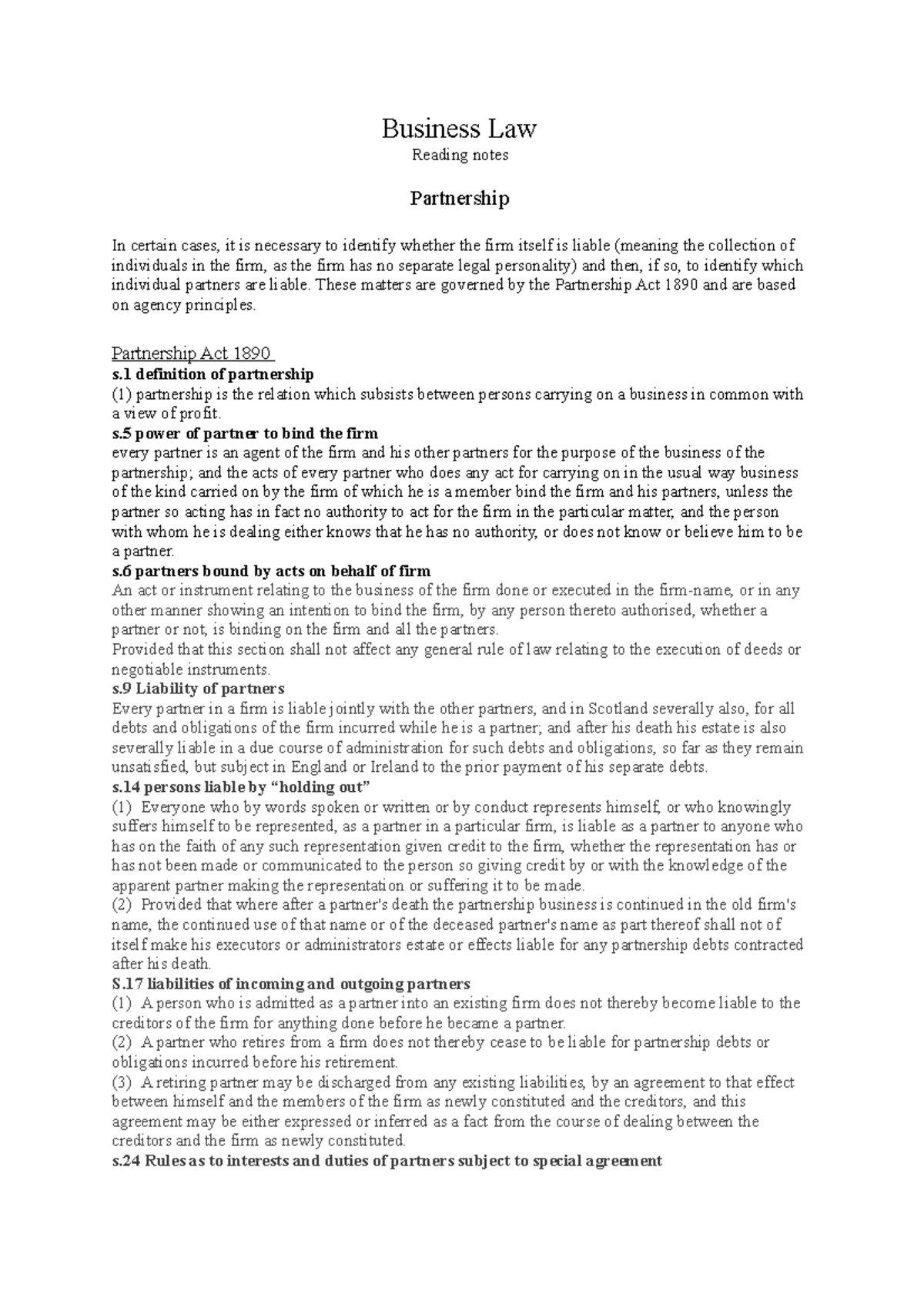 Partnership reading notes - Business Law Reading notes Partnership In ...