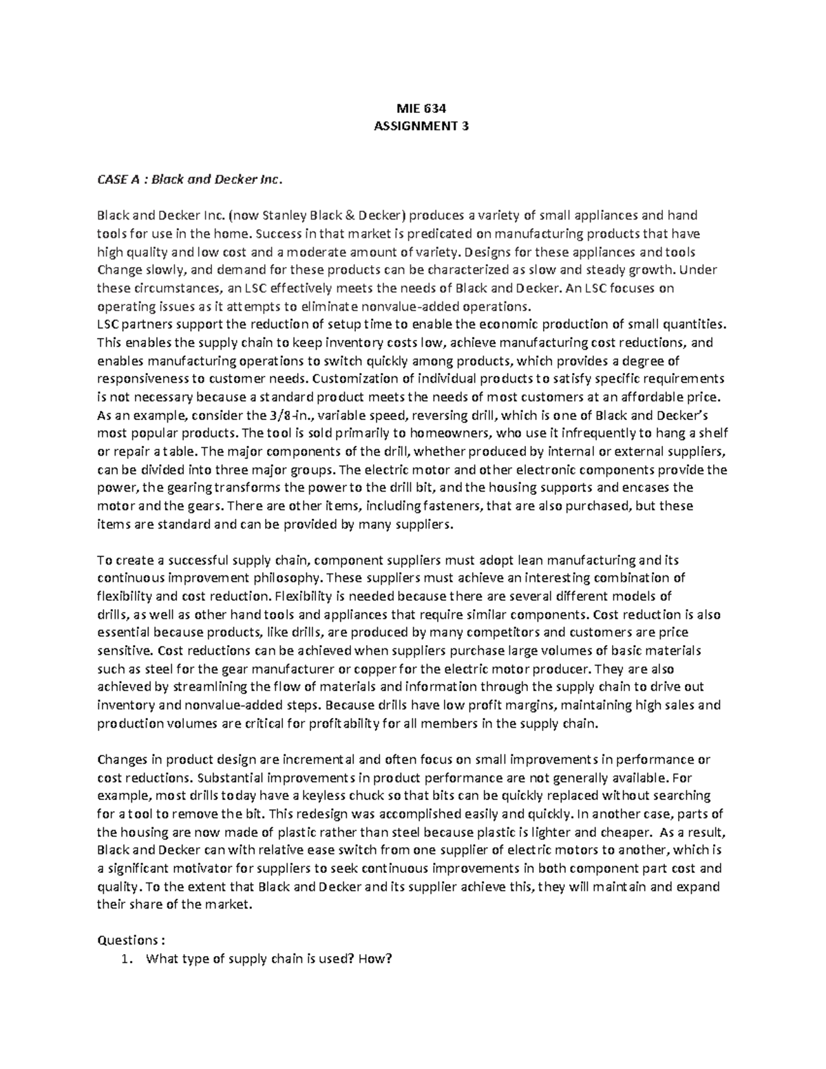 Module 3 Assignment 2 - CASE A : Black and Decker Inc. Black and Decker ...
