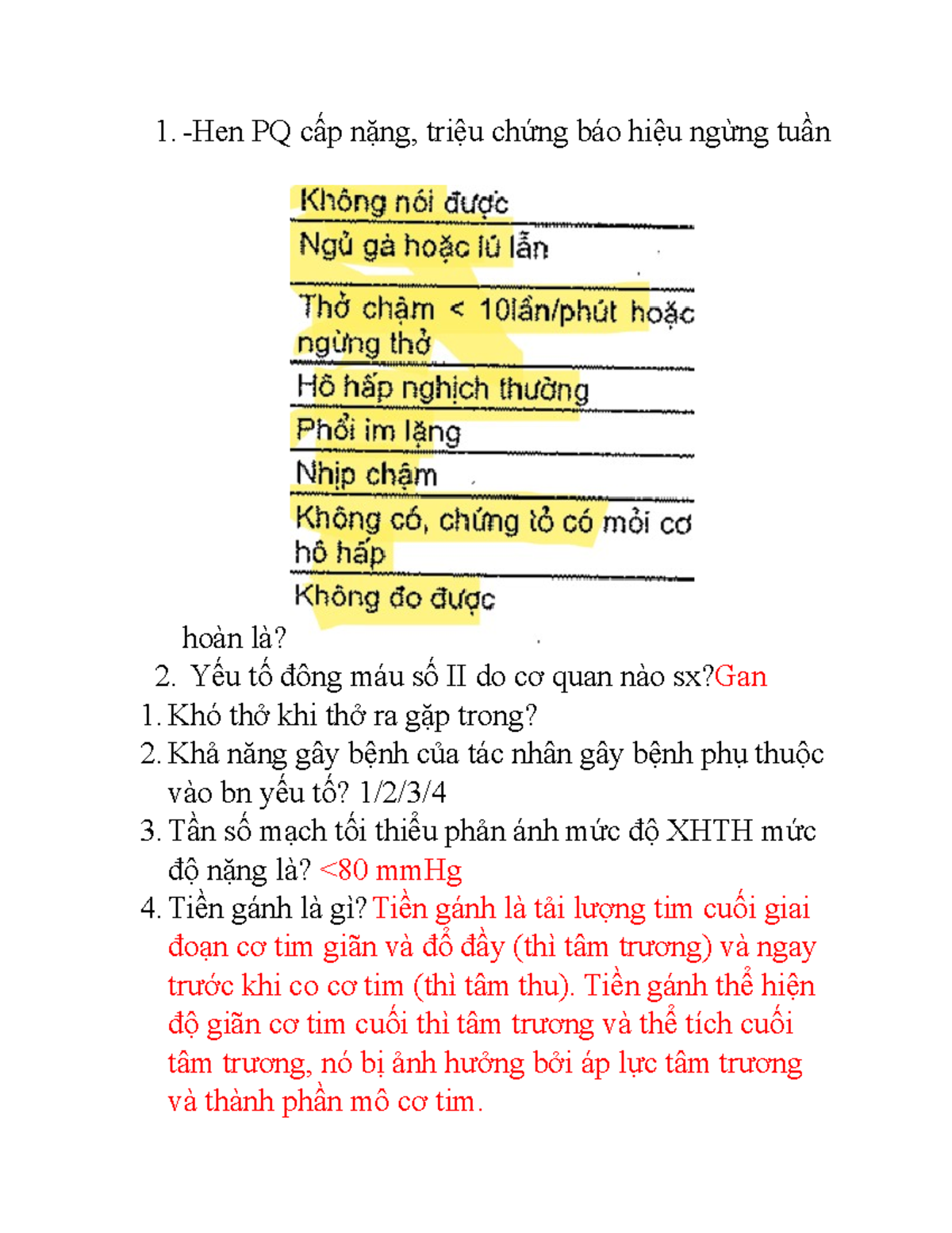 Bệnh học nội - qvggfbvg -Hen PQ cấp nặng, triệu chứng báo hiệu ngừng tuần hoàn là? 2. Yếu tố ...