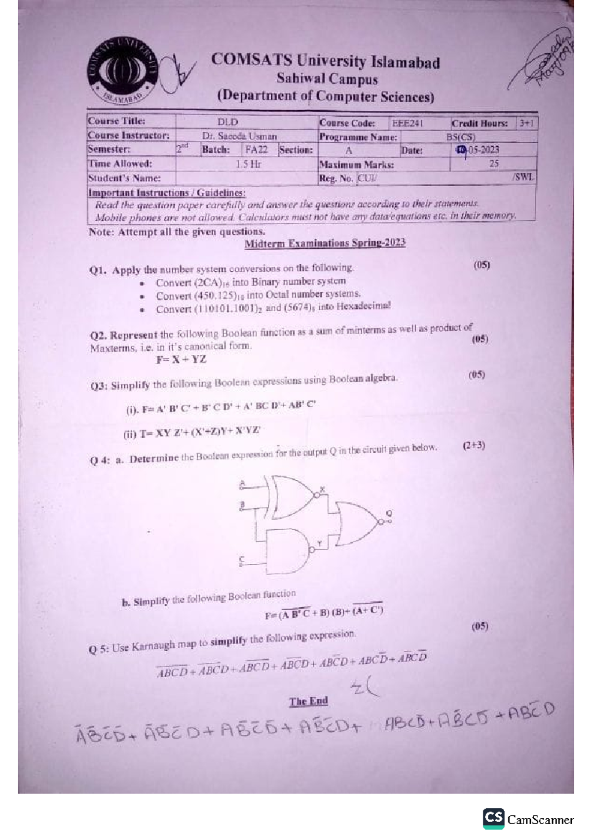 DLD - Midterm FA22 - EEE241 - Digital Logic Design - CamScanner - Studocu
