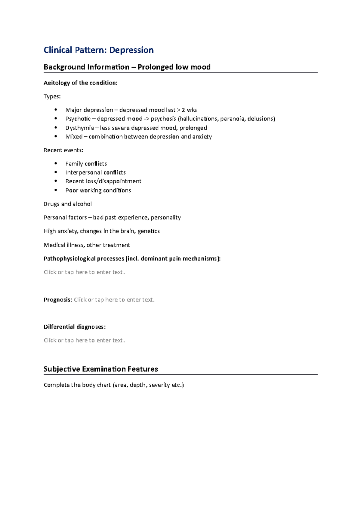 Clinical Pattern Template - Depression - Clinical Pattern: Depression ...