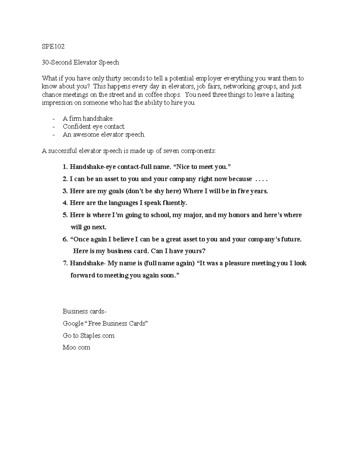 SPE102-Elevator Speech 1 - SPE 30-Second Elevator Speech What if you ...