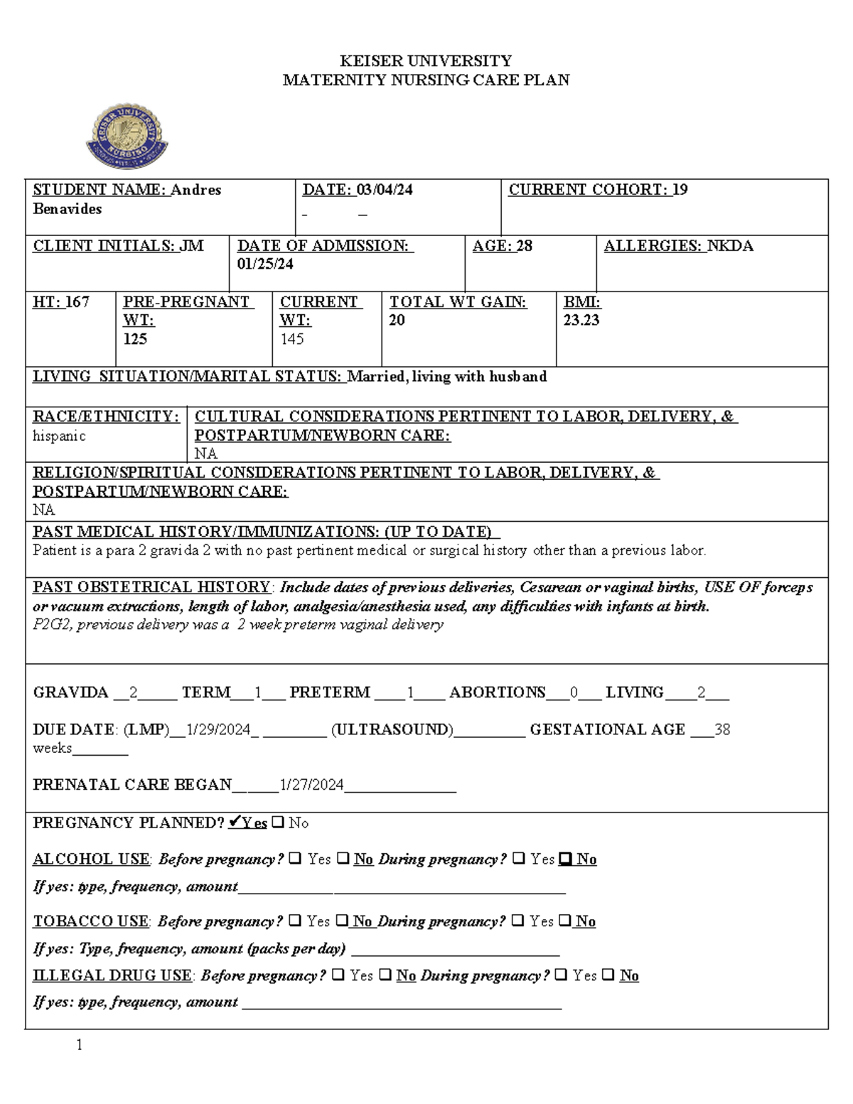 Care plan for Maternity - MATERNITY NURSING CARE PLAN STUDENT NAME ...