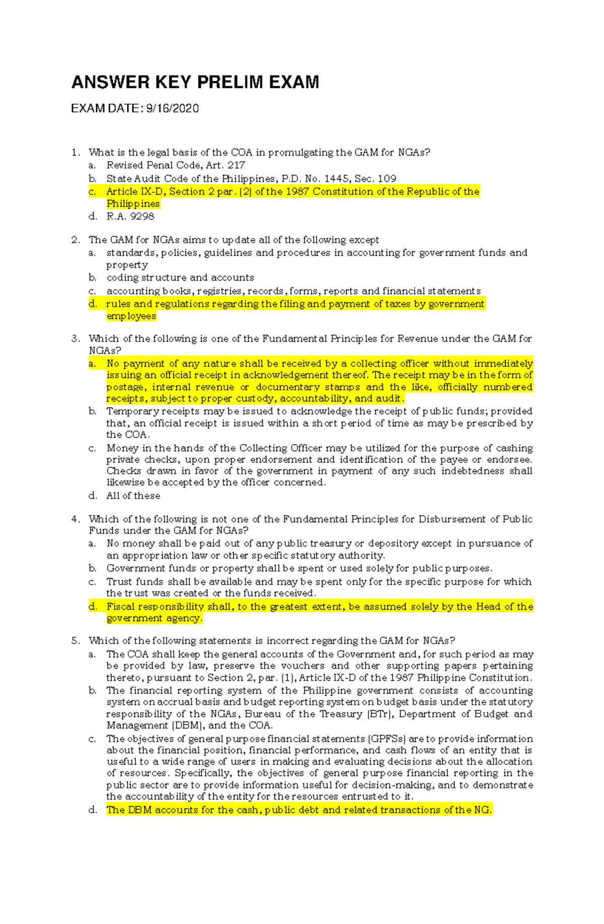 Chapter 15 government accounting final examination - ANSWER KEY PRELIM ...