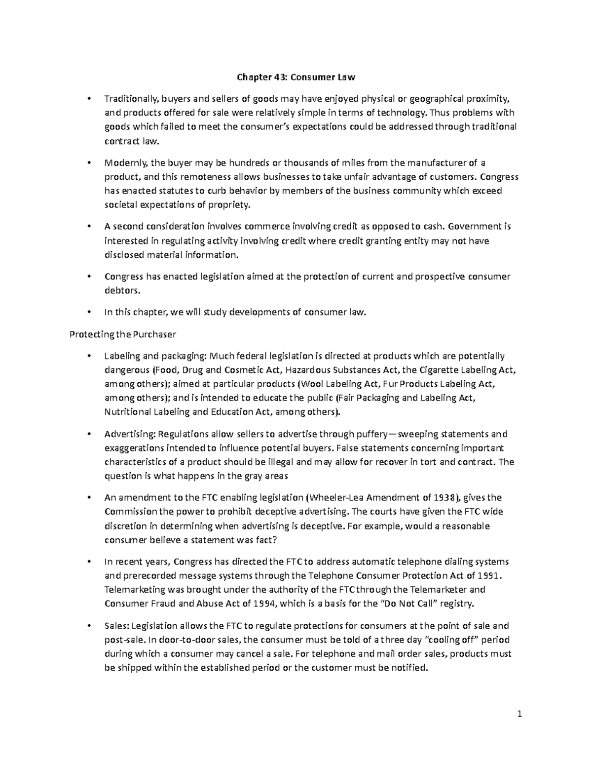 Chapter 43 Outline - Chapter 43: Consumer Law Traditionally, buyers and ...