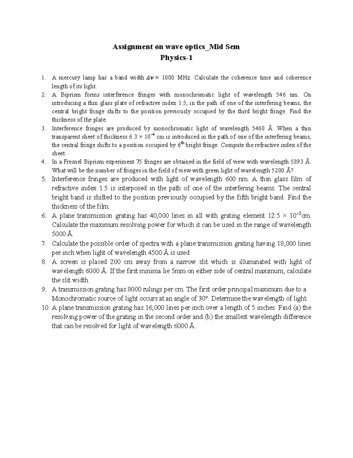 Assignment on wave optics for physics-I - Assignment on wave optics_Mid ...