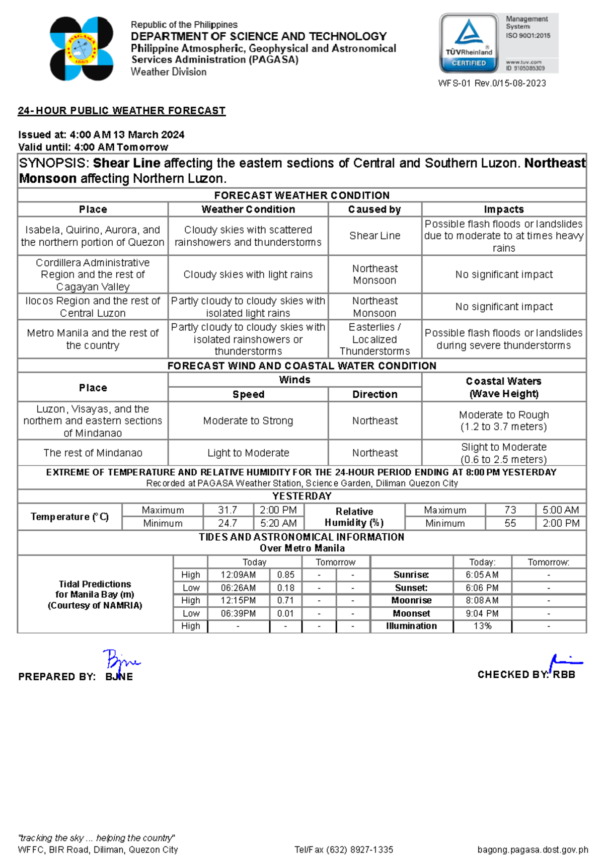 Pf - Weather situation - WFS-01 Rev/15-08- 24- HOUR PUBLIC WEATHER ...