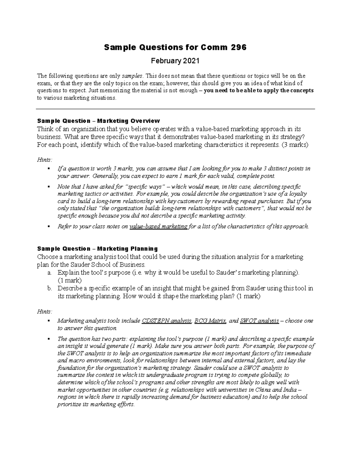 COMM 296 Sample Midterm Questions Feb2021 - Sample Questions for Comm ...