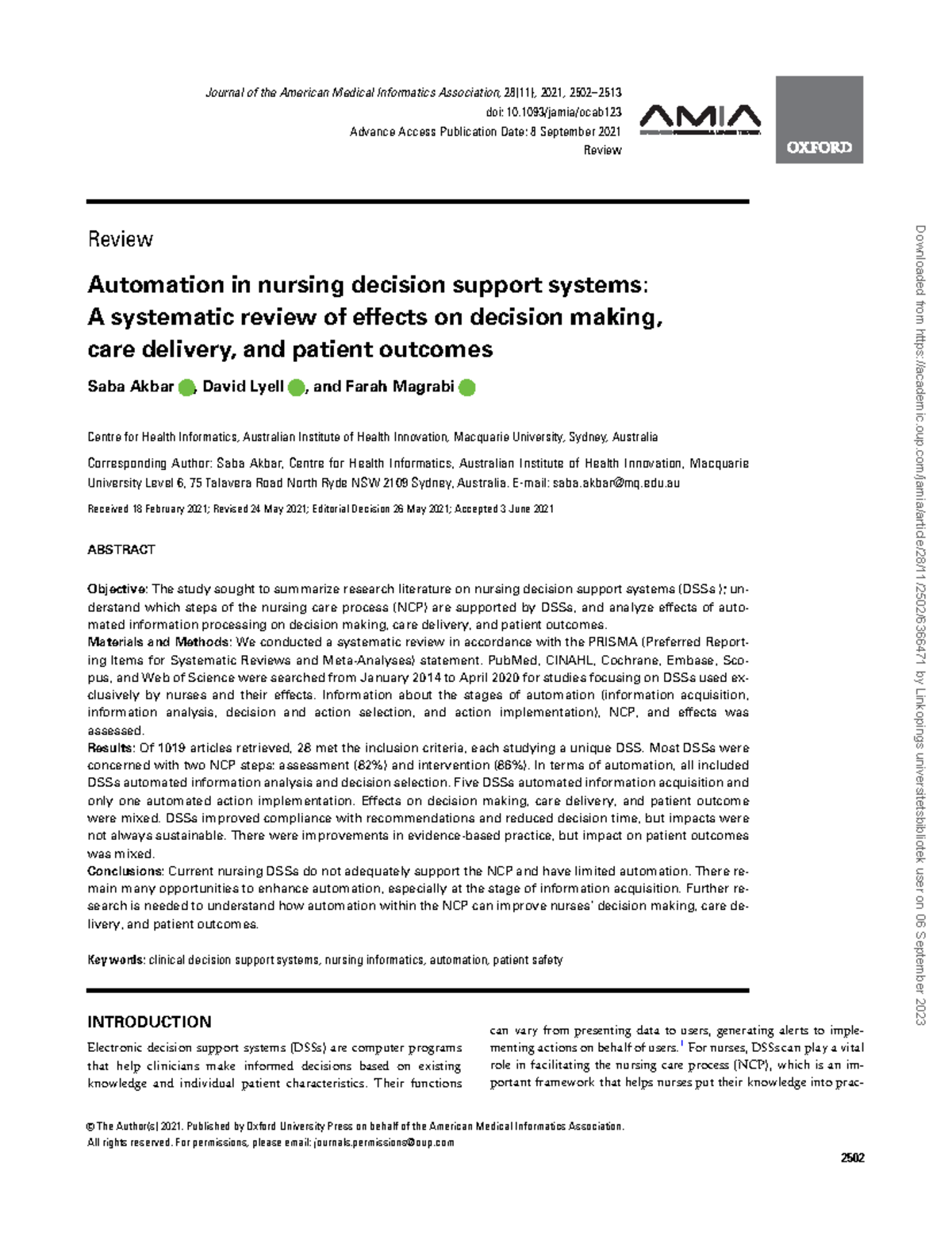 Article, Automation in nursing decision support systems - Review ...