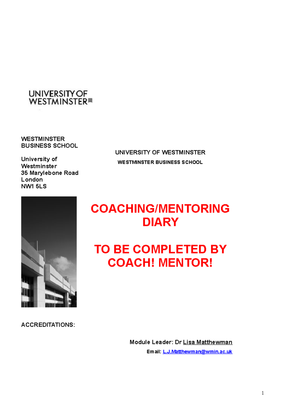 Coaching AND Mentoring Diary 2023 - WESTMINSTER BUSINESS SCHOOL University of Westminster 35 ...
