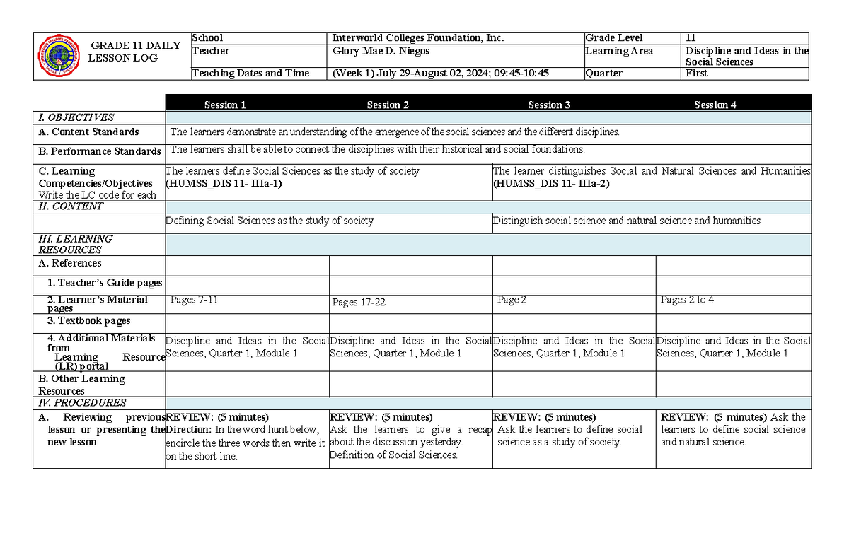 DISS DLL WEEK 1 - DISS DLL WEEK 1 - GRADE 11 DAILY LESSON LOG School ...