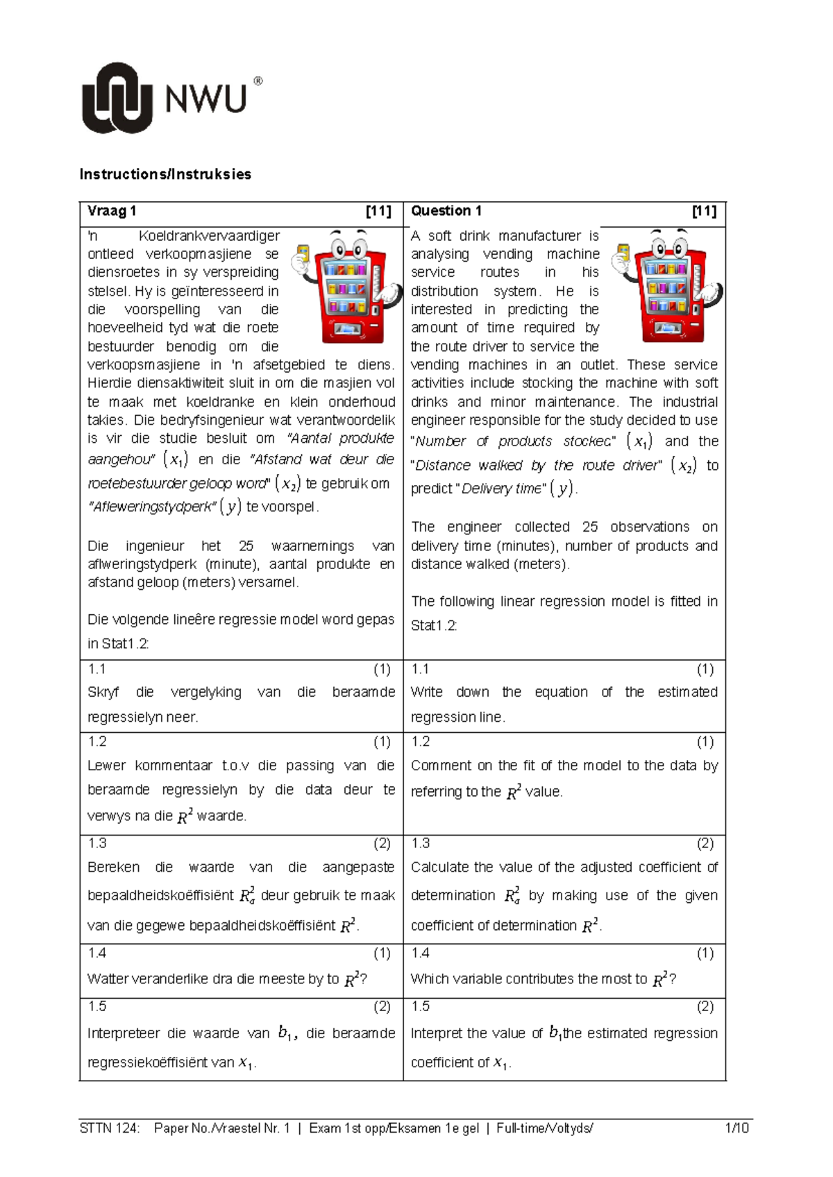 STTN124 2019 exam first opportunity 1 - Instructions/Instruksies Vraag 1 [11] Question 1 [11] 'n ...
