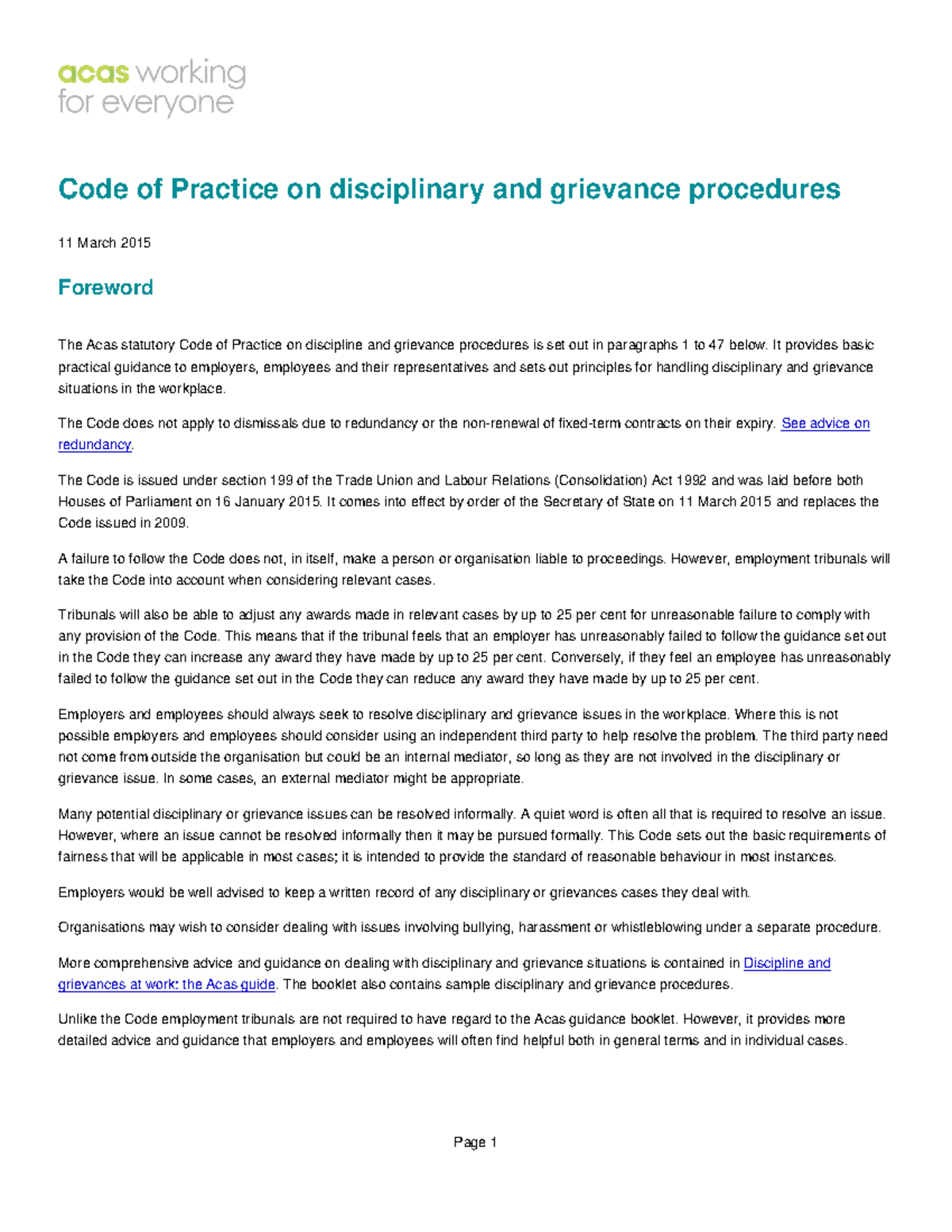 Code of practice on disciplinary and grievance procedures - It provides ...