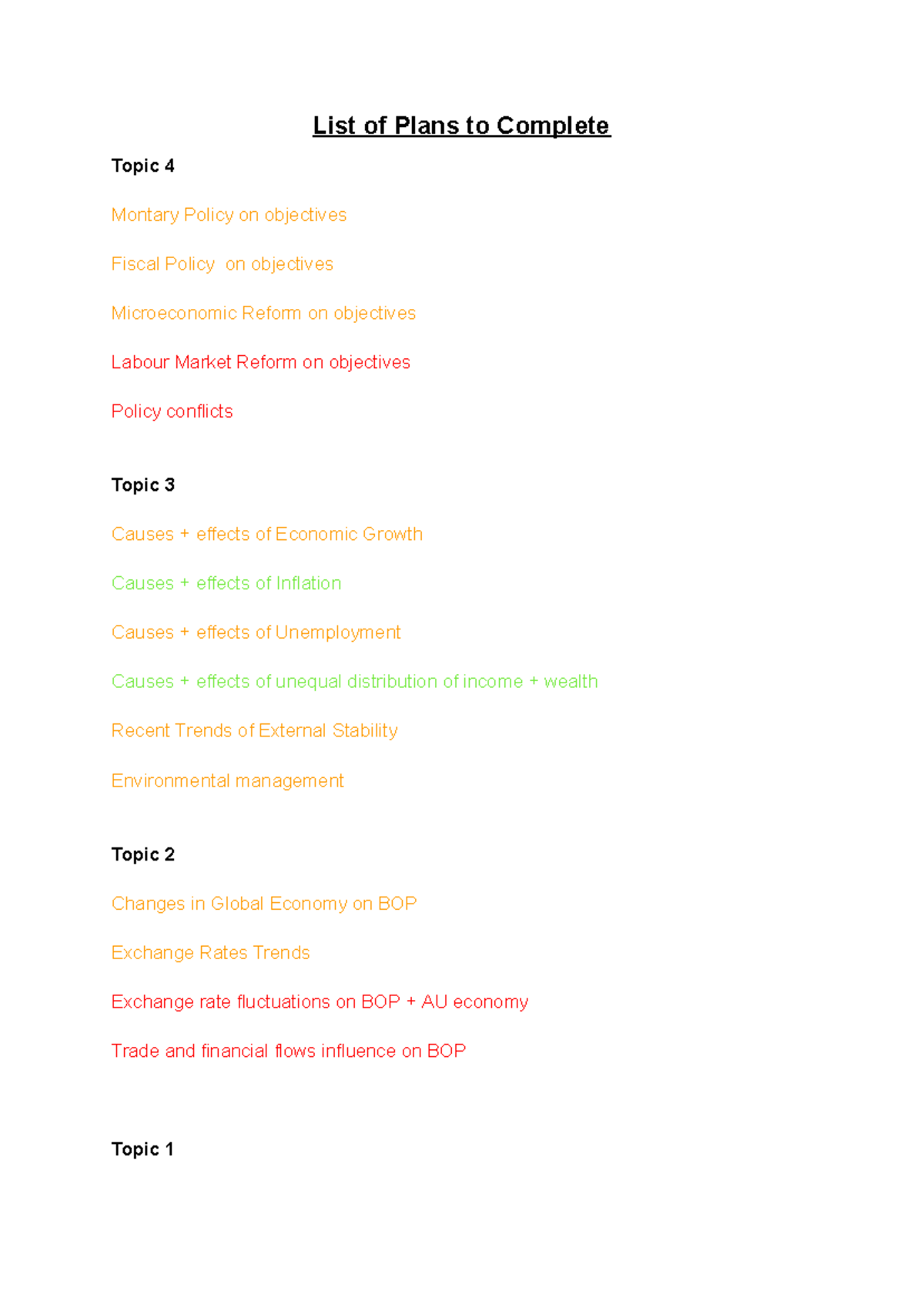 List of Essay Plans to Complete - List of Plans to Complete Topic 4 ...