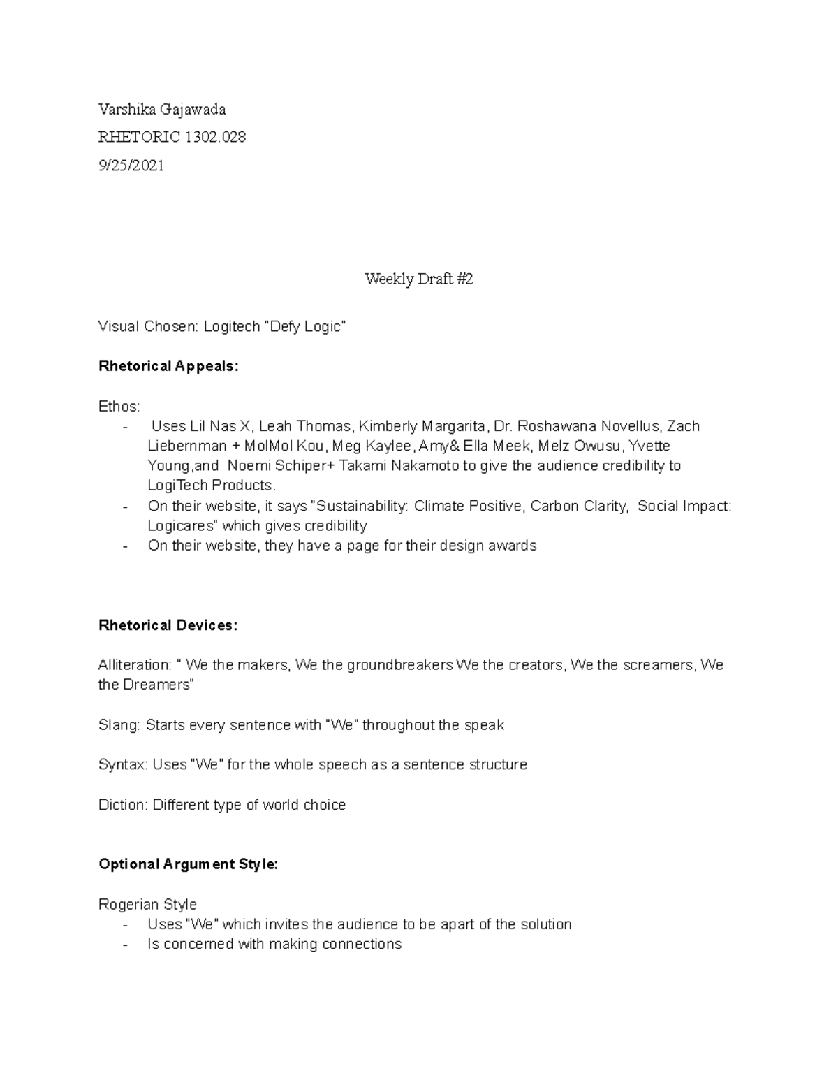 Weekly Draft #2 - Varshika Gajawada RHETORIC 1302. 9/25/ Weekly Draft ...