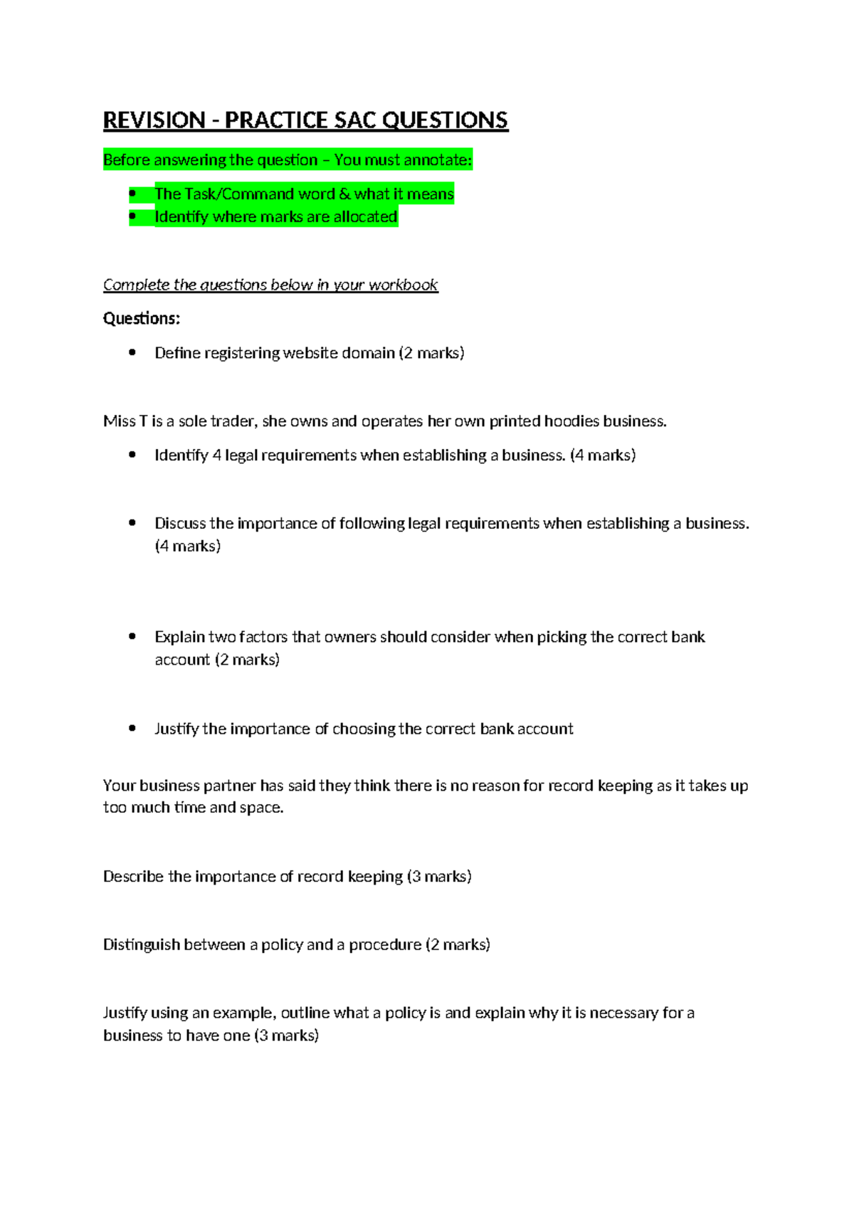 Revision - Practice SAC style questions - REVISION - PRACTICE SAC ...