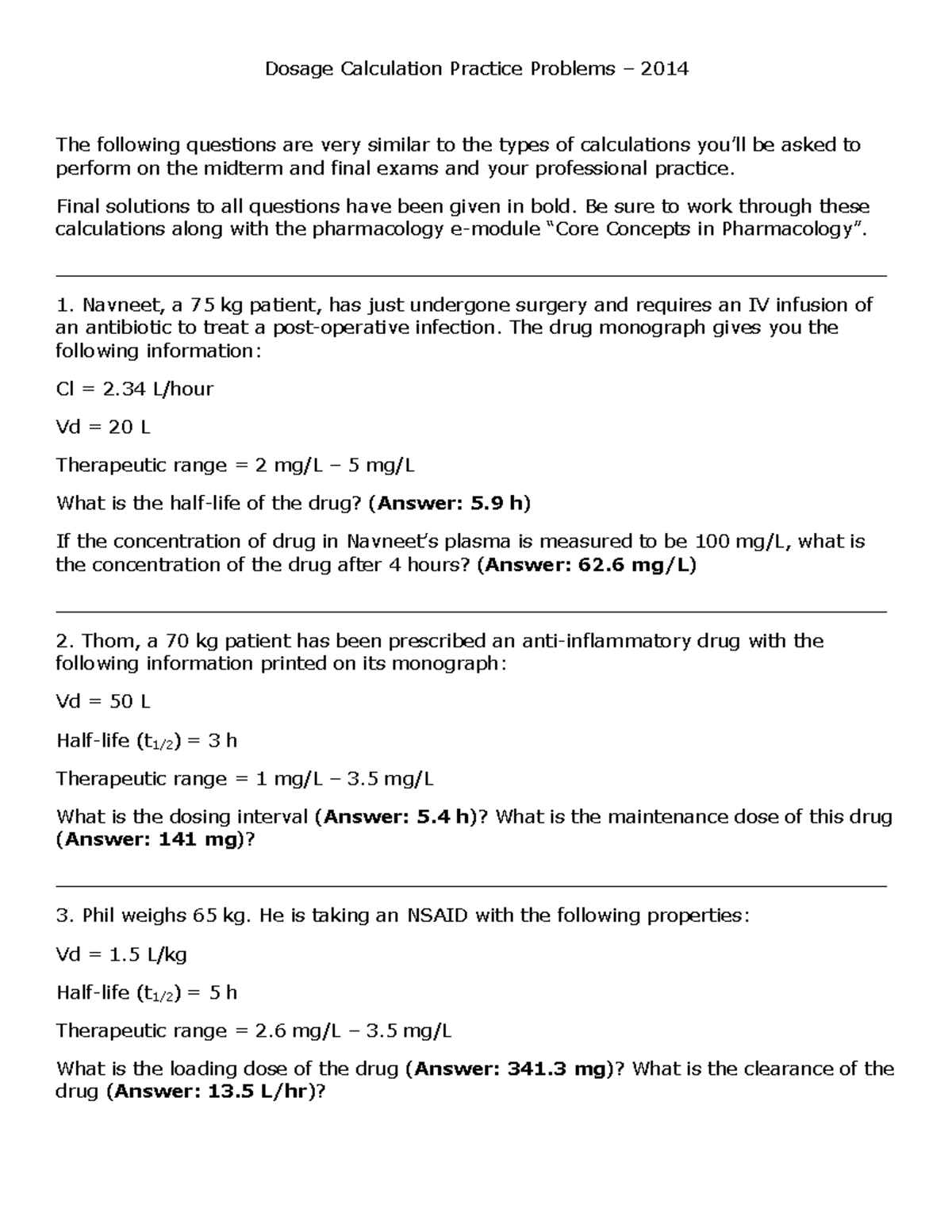 Tutorial Work Dosage Calculation Practice Problems Dosage