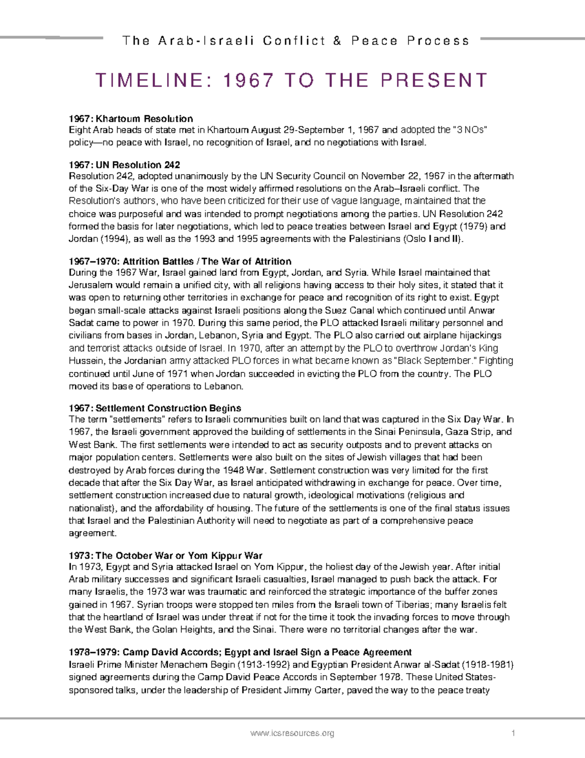 ARAB-Israeli Timeline - T I M E L I N E : 1 9 6 7 T O T H E P R E S E N ...