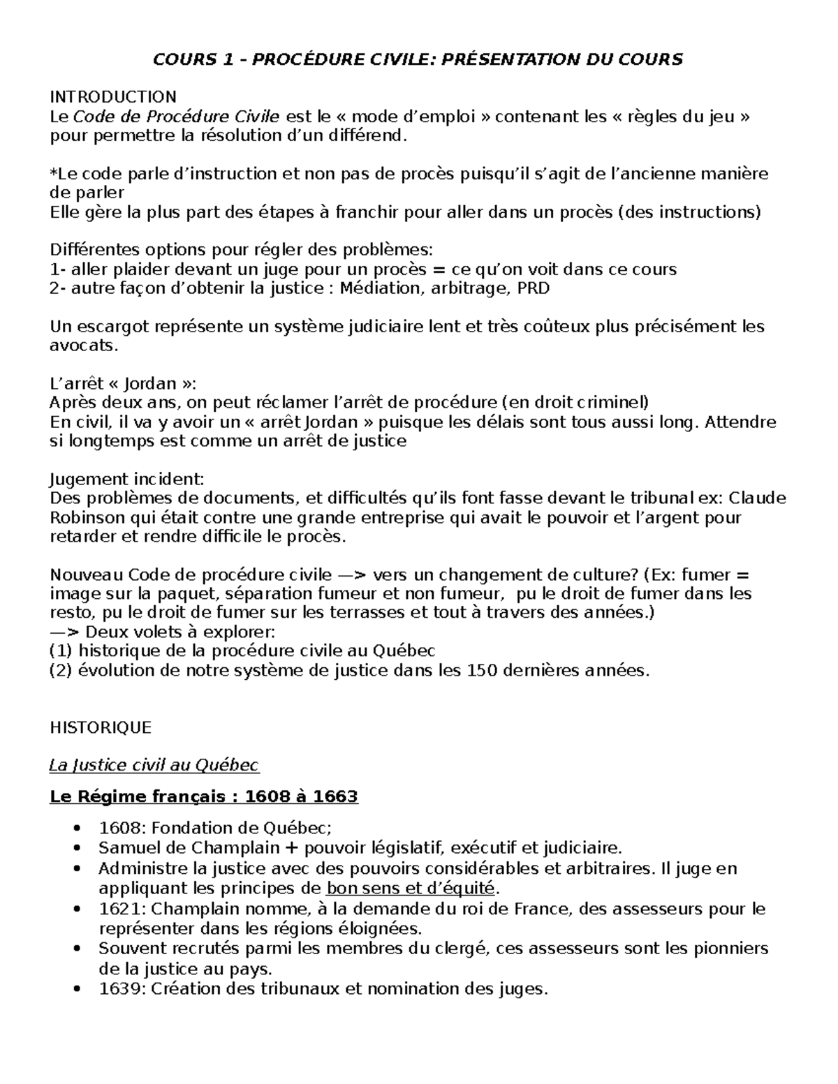 Notes de cours procédure intra - COURS 1 - PROCÉDURE CIVILE ...