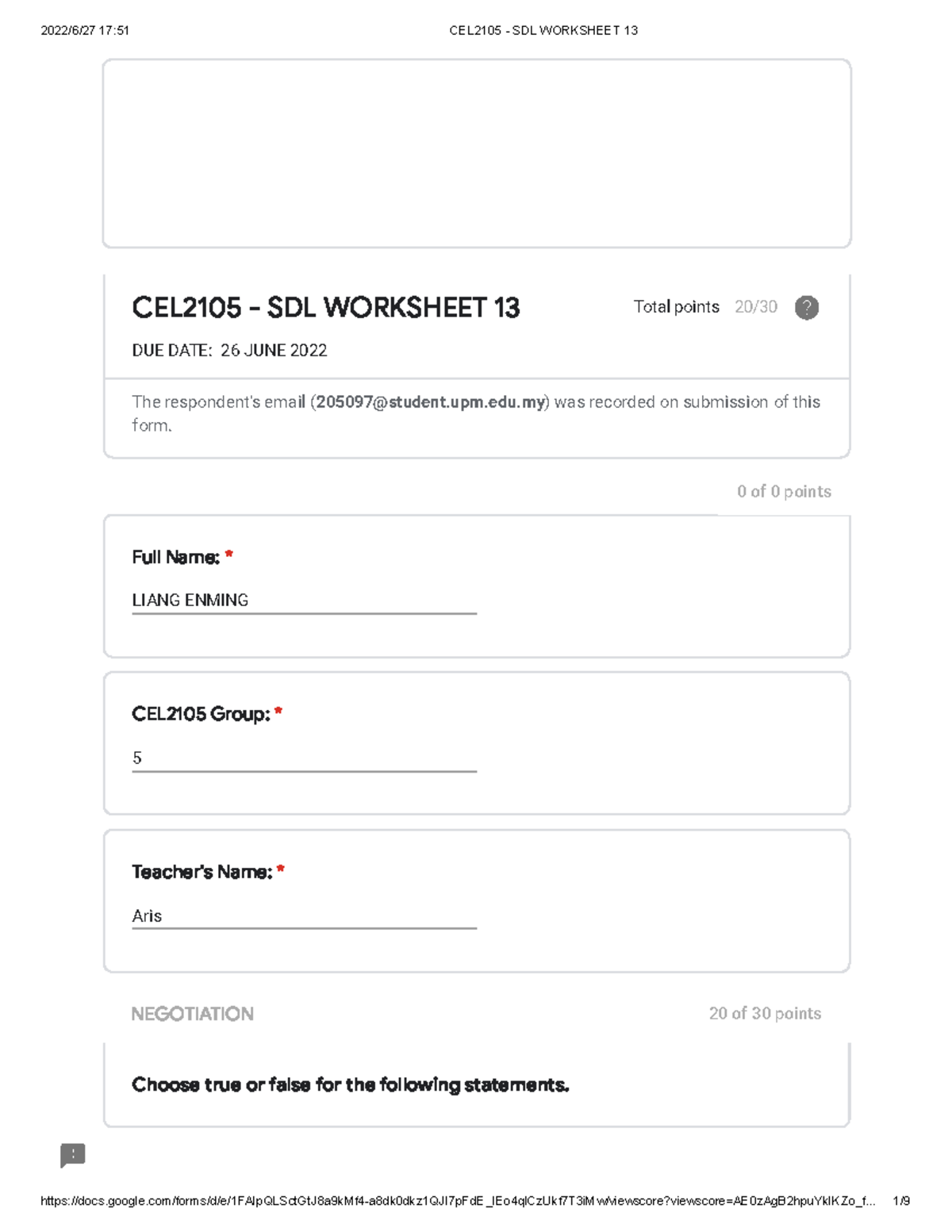 CEL2105 - SDL Worksheet 13 - 0 of 0 points LIANG ENMING 5 Aris ...