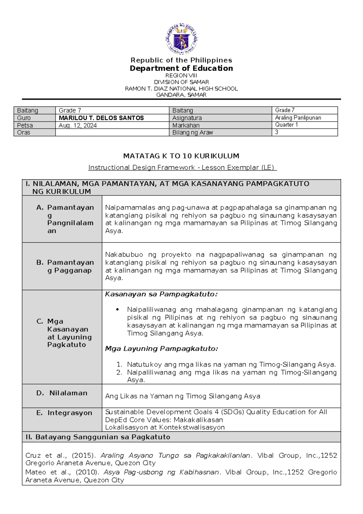 Matatag Lesson PLAN WEEK 2 DAY 1 - Republic of the Philippines ...