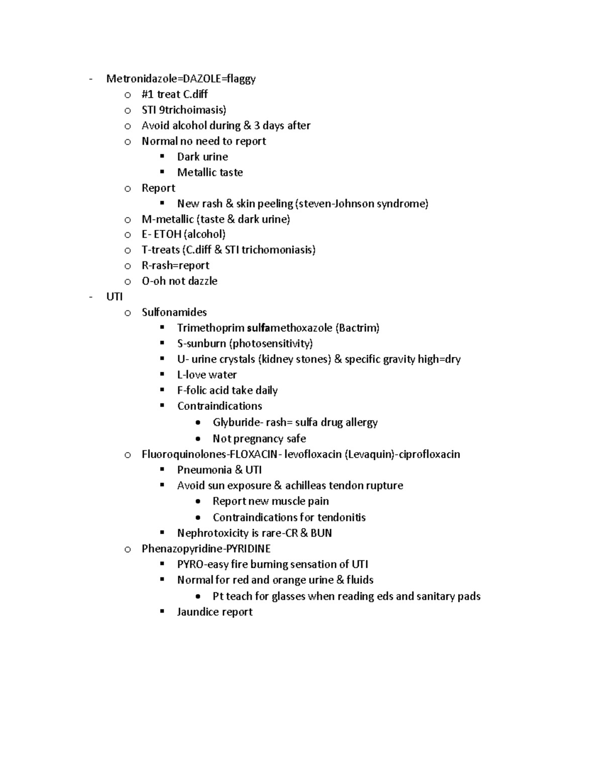 Meds antibiotics - Metronidazole=DAZOLE=flaggy o #1 treat C o STI ...