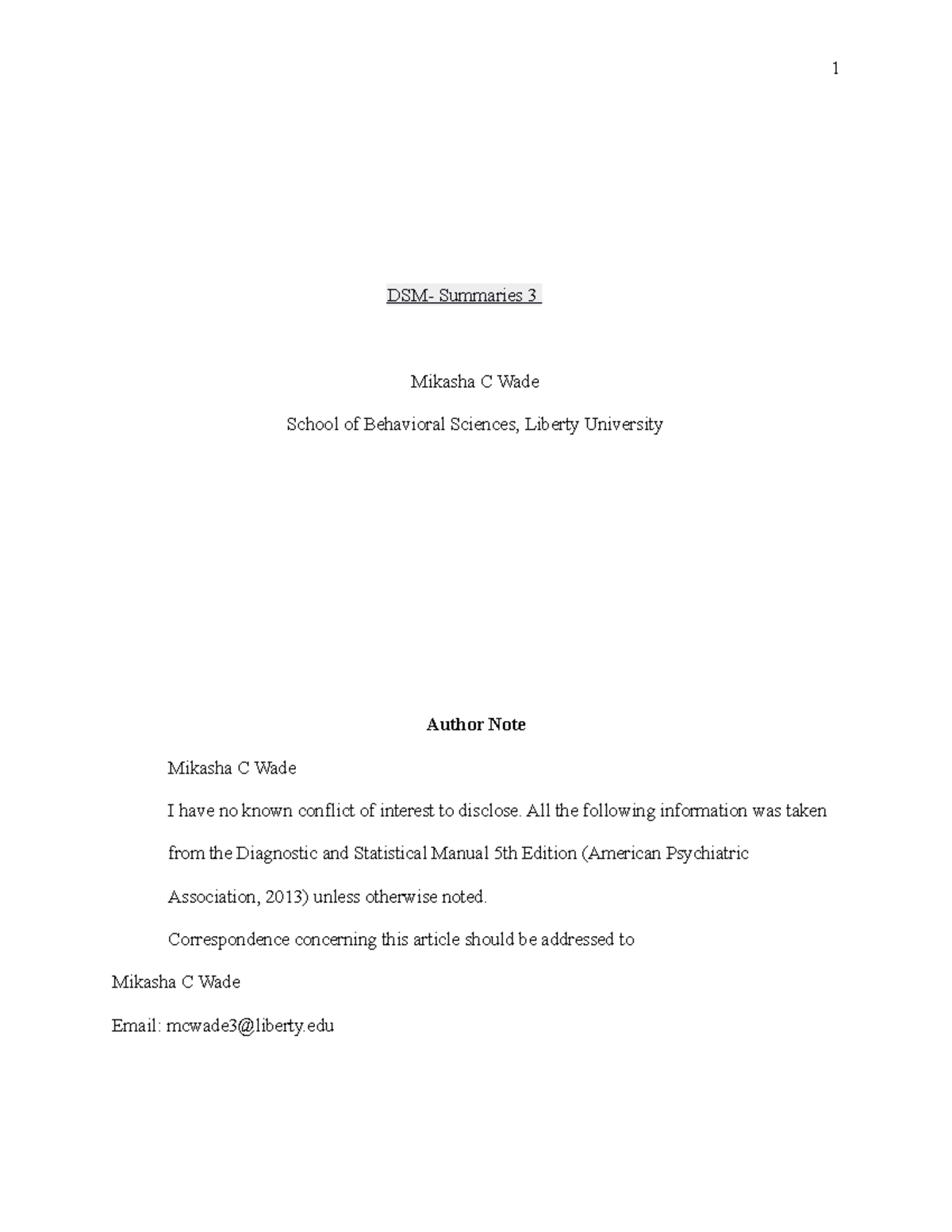 MWade DSM summary 3 - DSM-5 Work - DSM- Summaries 3 Mikasha C Wade ...