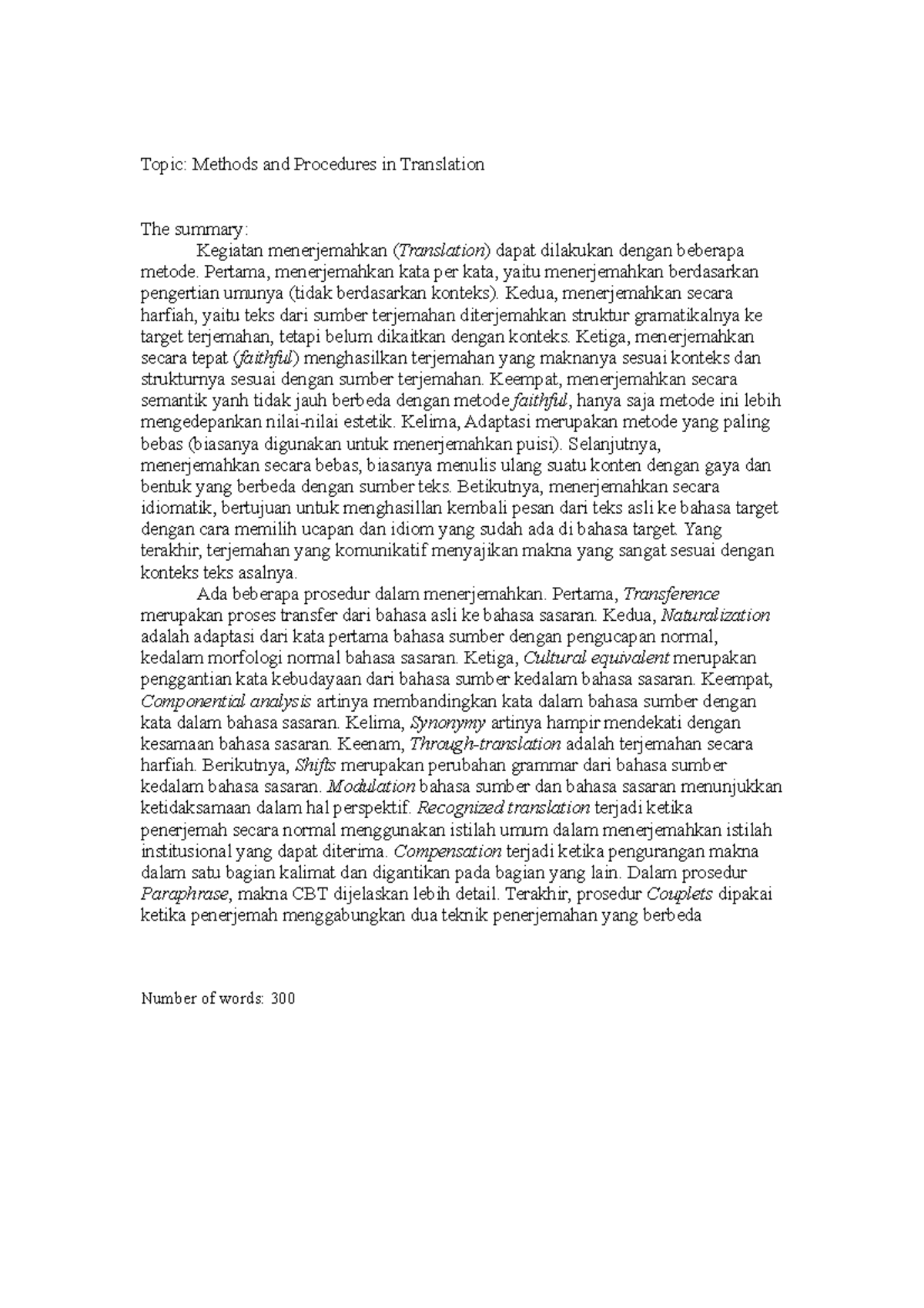 Chapter report Methods and Procedures in Translation - Topic: Methods ...