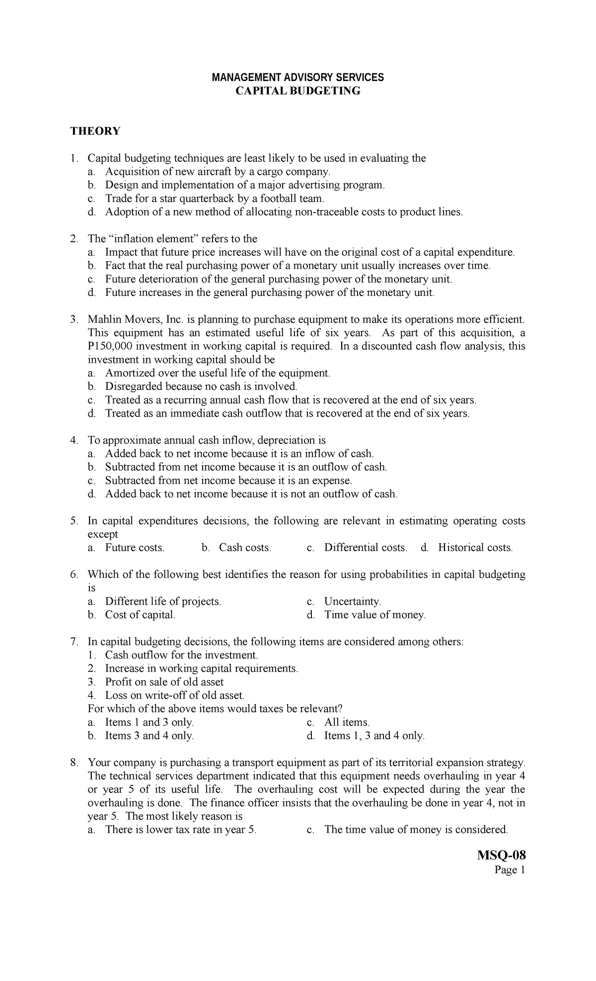 Pdfcoffee - test - MANAGEMENT ADVISORY SERVICES CAPITAL BUDGETING ...