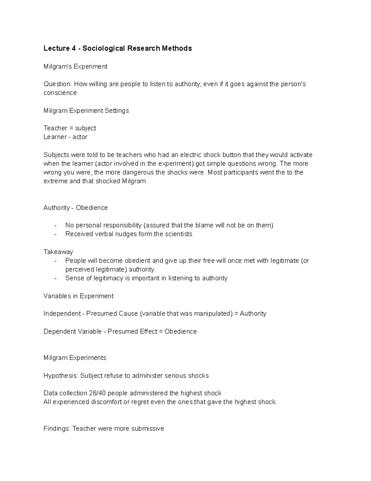 Lecture 4 - Notes - Lecture 4 - Sociological Research Methods Milgram’s ...