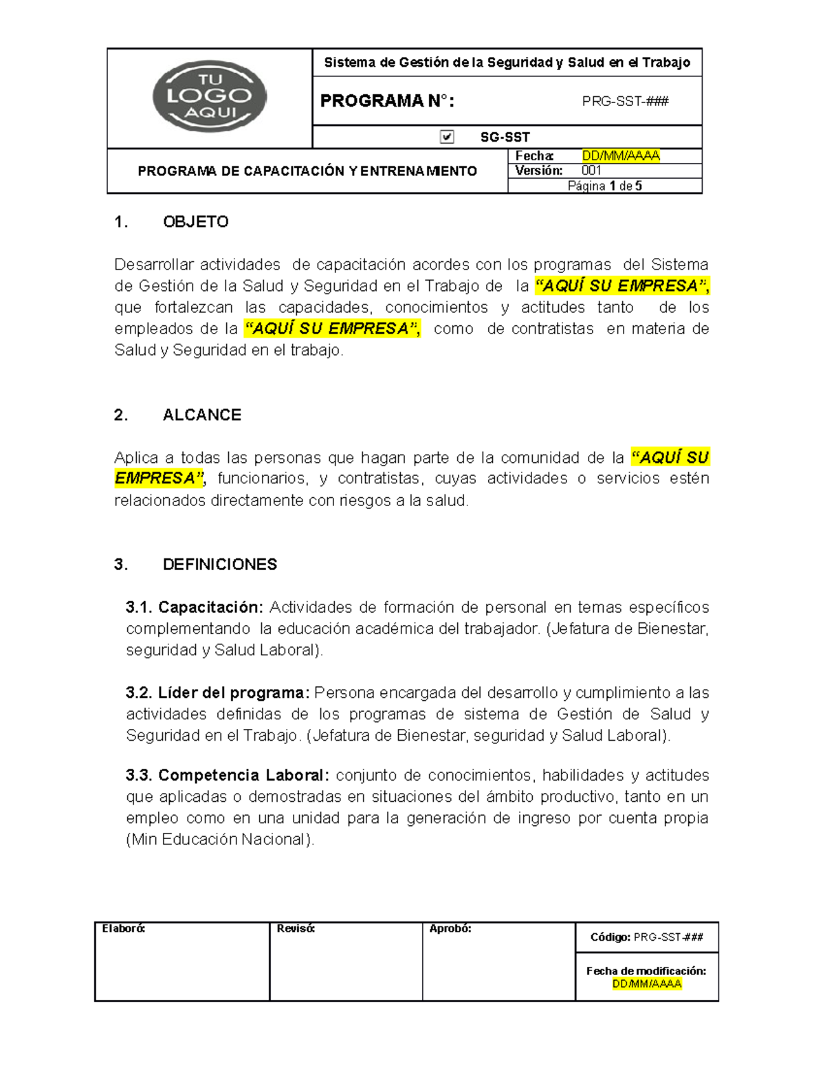 Programa de Capacitación y Entrenamiento - PROGRAMA N°: PRG-SST-### SG ...