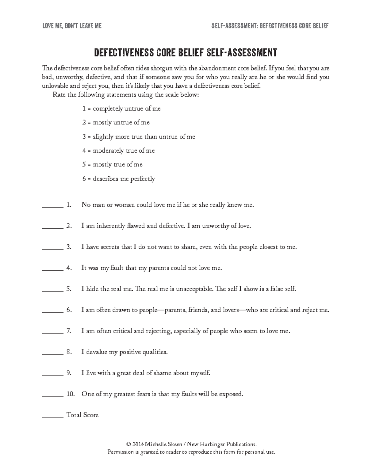 Lmdlm 2 Defectiveness Core Belief Self-Assessment - Love Me, Don’t ...