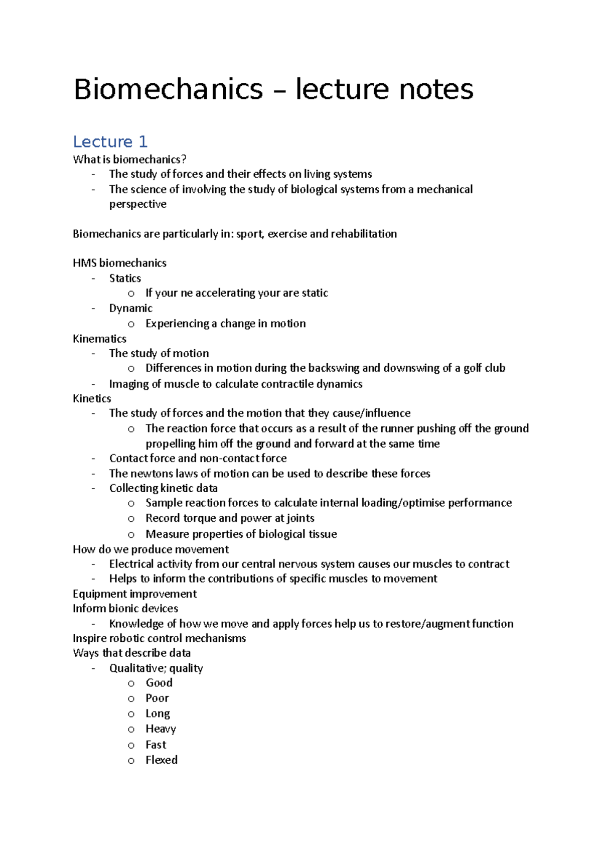Biomechanics - Lecture notes - Biomechanics – lecture notes Lecture 1 ...